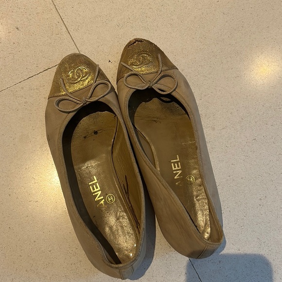 Shoes | Chanel Gold Neutral Ballet Flats Size 37 | Poshmark